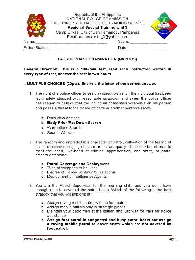 NAPCOS Patrol Phase Exam 2 | PDF | Police Officer | Police