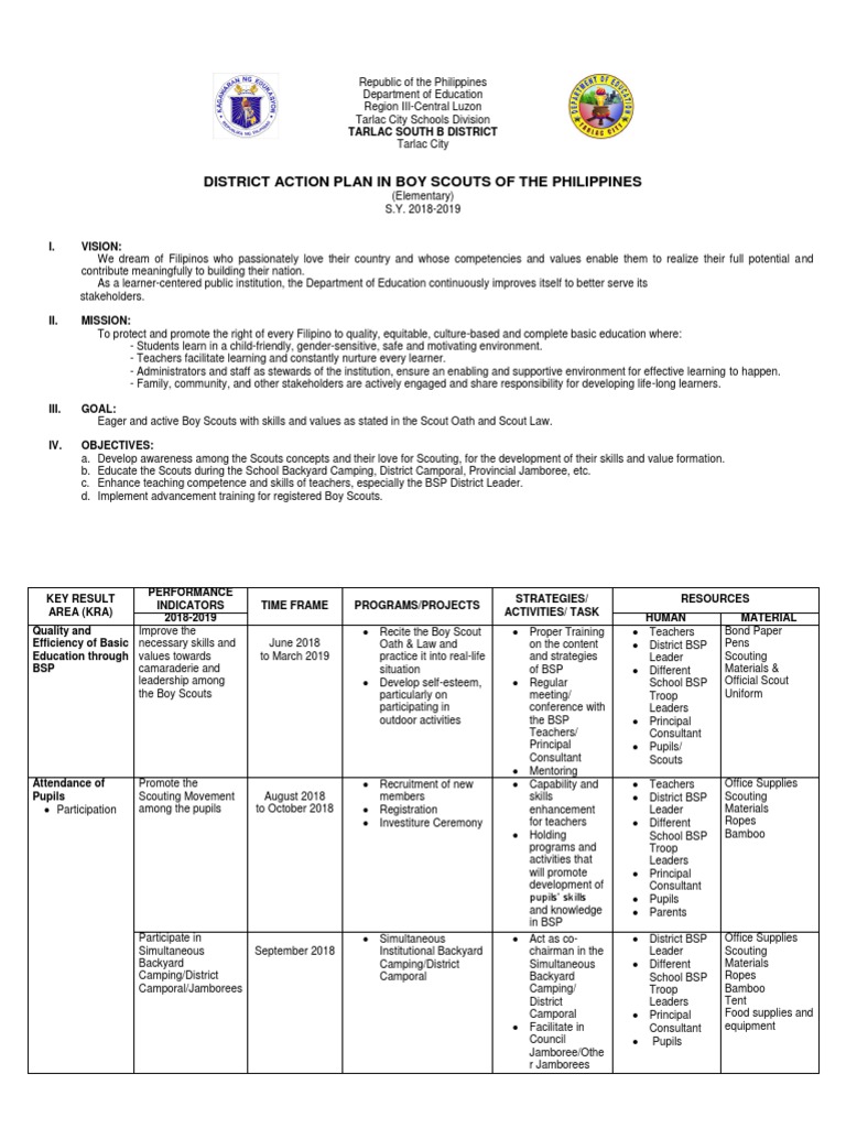 Distict Action Plan in BSP.2018-2019 | PDF | Scouting | Boy Scouts Of ...