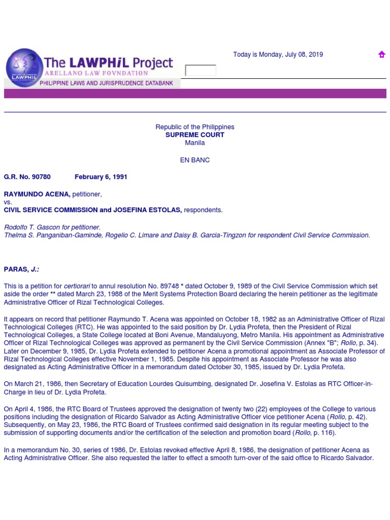 Acena VS Civil Service Comkission GR 90780 | PDF | Judgment (Law ...