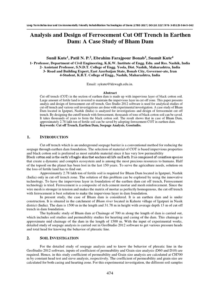 Analysis and Design of Ferrocement Cut Off Trench in Earthen Dam: A ...