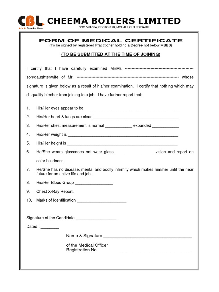 Form of Medical Certificate
