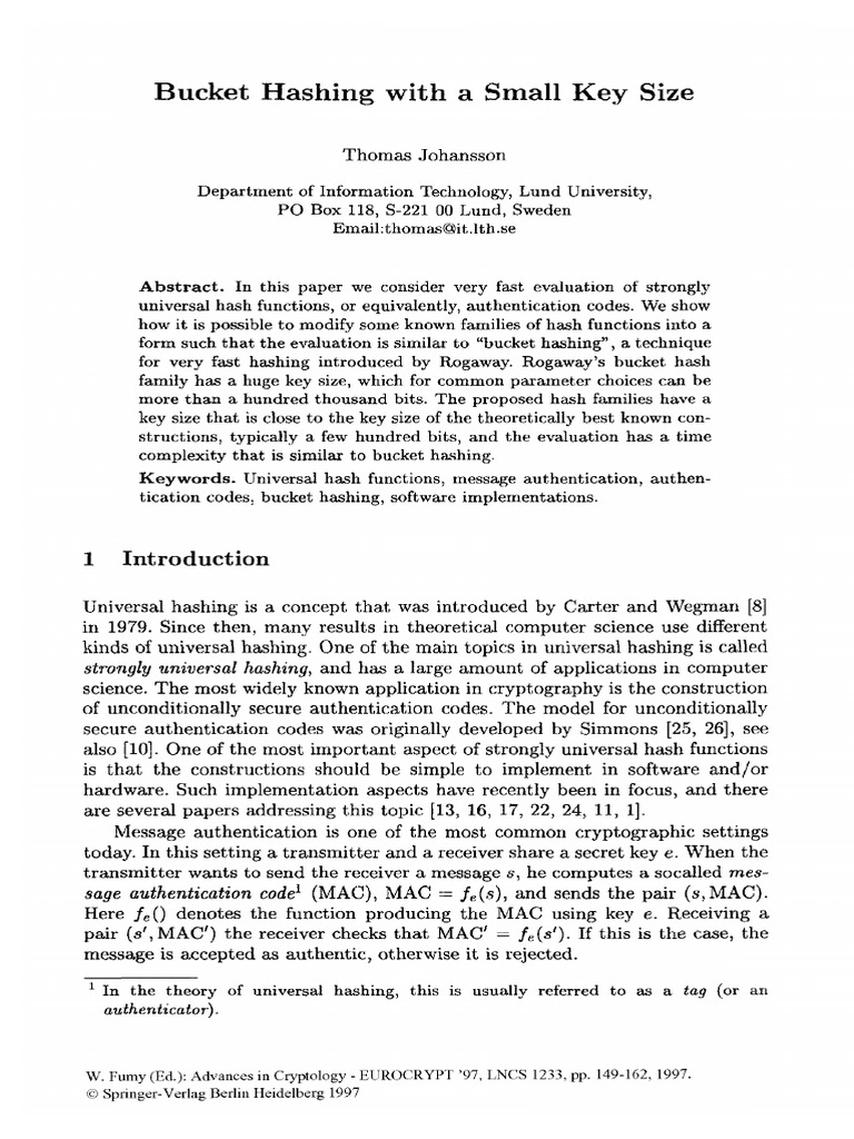 Efficient Bucket Hashing with Small Keys | PDF | Cryptography | Central ...