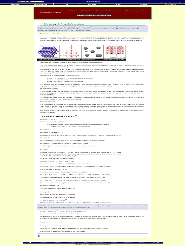 IB Chemistry Notes - Stoichiometry and The Mole Concept | PDF | Mole ...