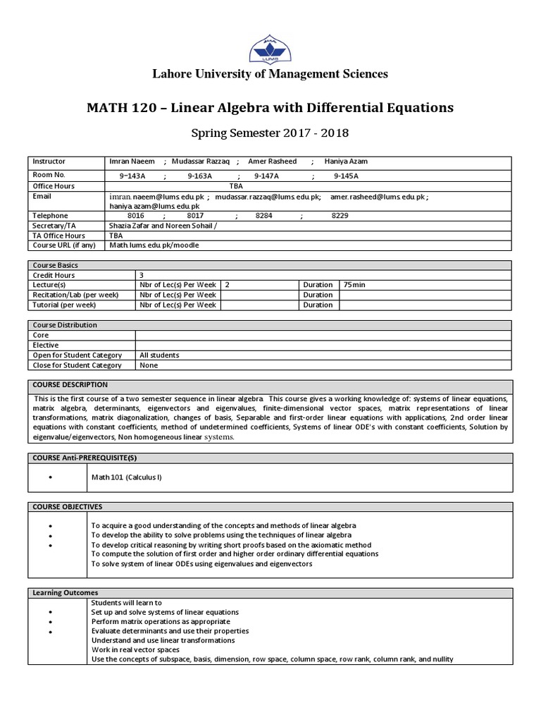 Linear Algebra Syllabus | PDF | Linear Map | Matrix (Mathematics)