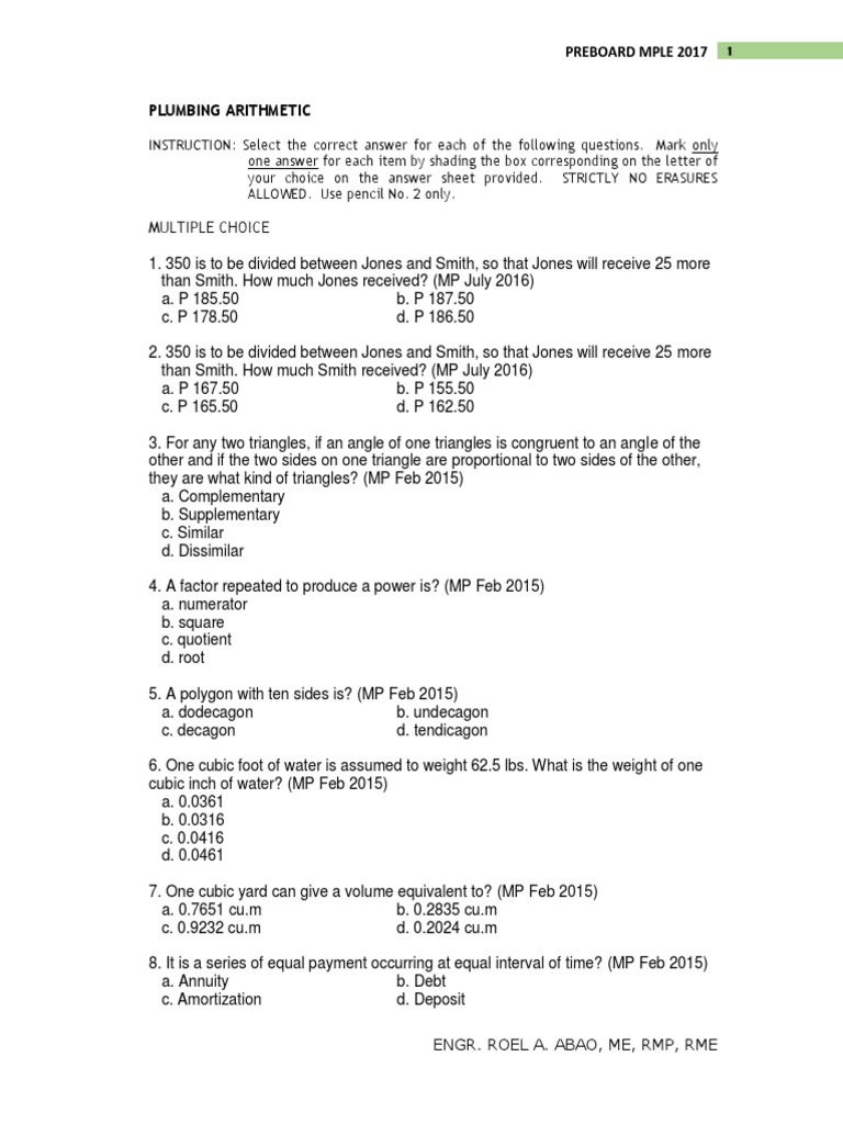 Preboard 01 Plumbing Arithmetic RAA | PDF | Triangle | Area