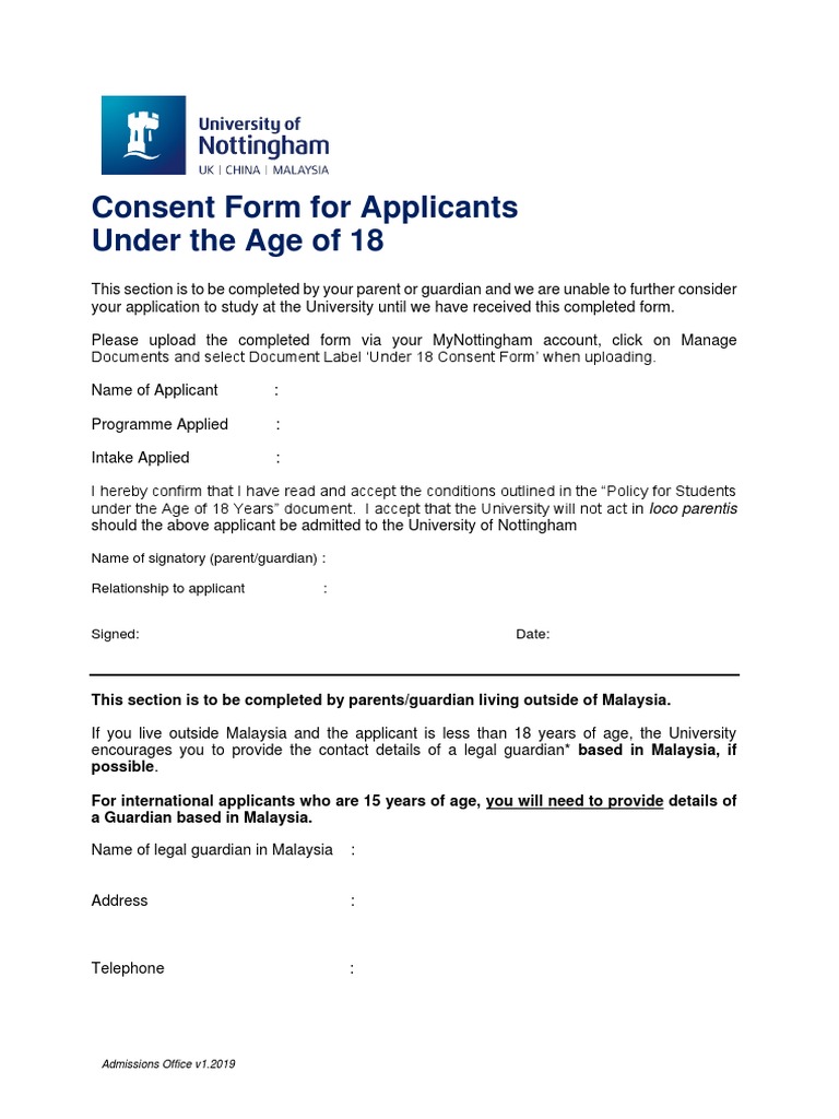 Consent Form For Applicants Under The Age of 18 | PDF