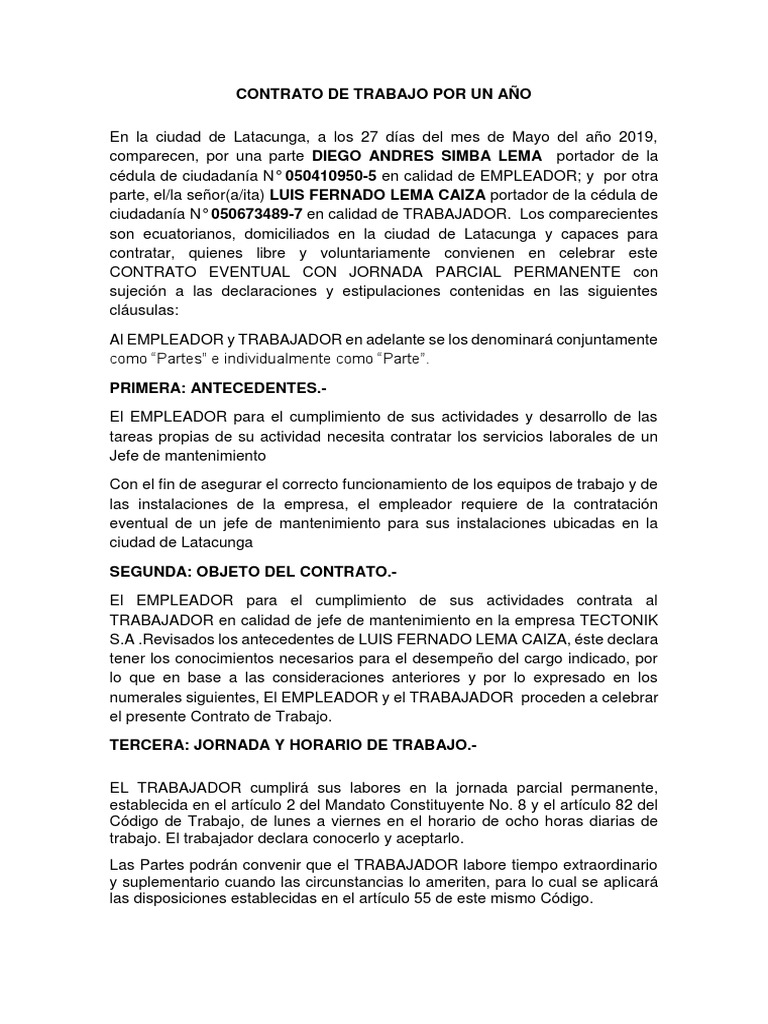 Contrato Eventual de Trabajo Con Jornada Parcial Permanente | Salario ...