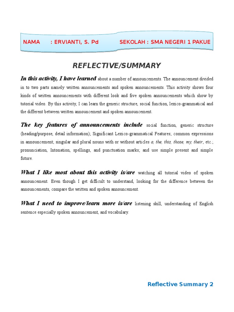 Reflective/Summary: in This Activity, I Have Learned | PDF