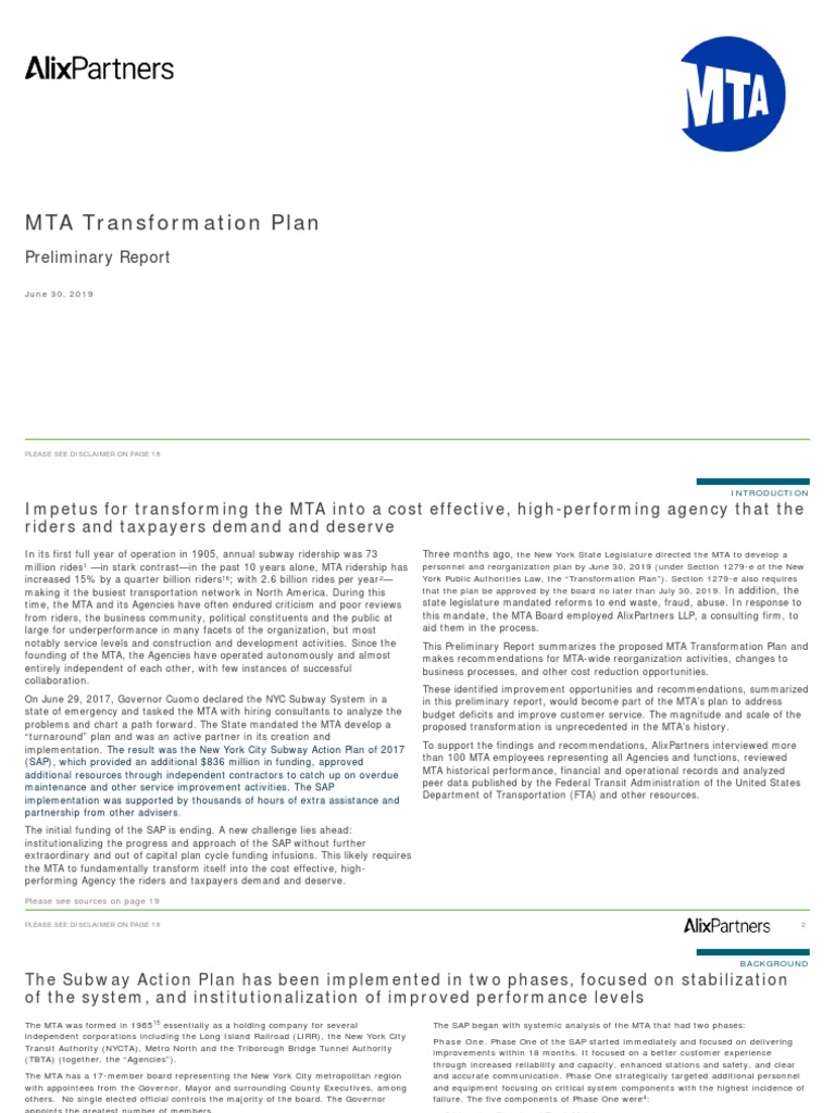 MTA Transformation Plan - Preliminary Report | PDF | Business Process ...