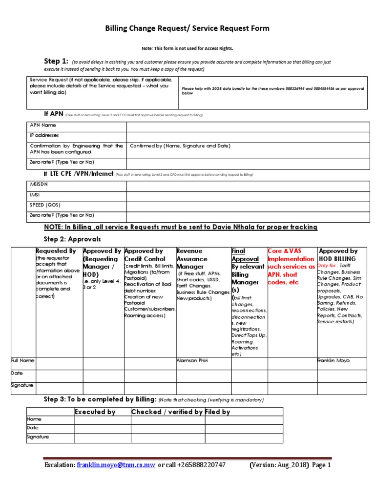 Billing Change Request - Service Request Form - 2018 | PDF | Roaming ...
