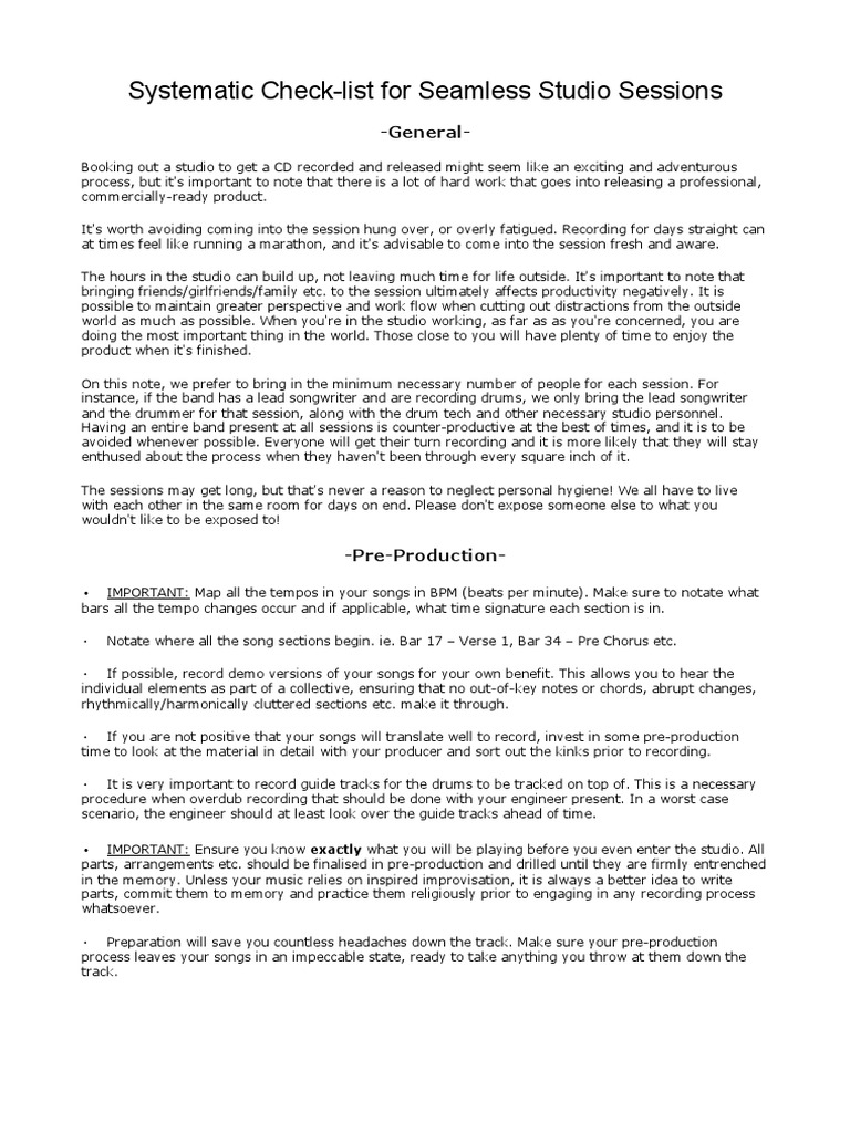 Studio Checklist | PDF | Drum Kit | Sound