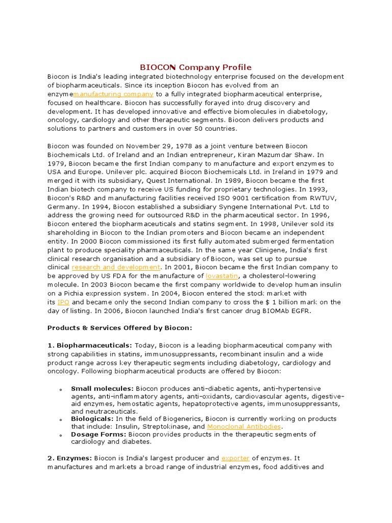 BIOCON Company Profile | PDF | Chemistry | Acid