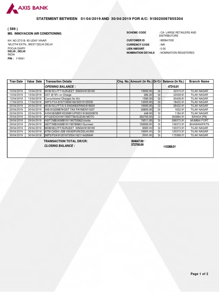 AXIS BANK Statement For April 2019 | PDF | Debit Card | Transaction Account