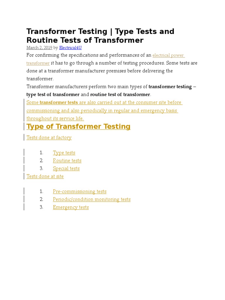 Comprehensive Overview Of Transformer Testing Procedures Including