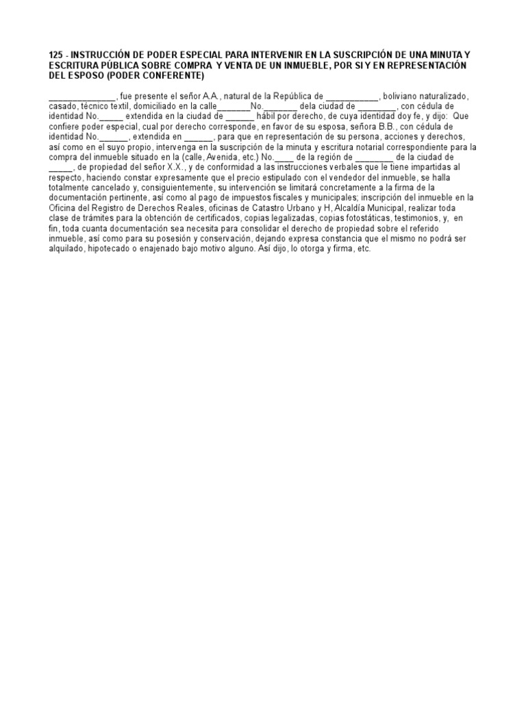 125 - Instrucción de Poder Especial para Intervenir en La Suscripción de Una Minuta y Escritura ...