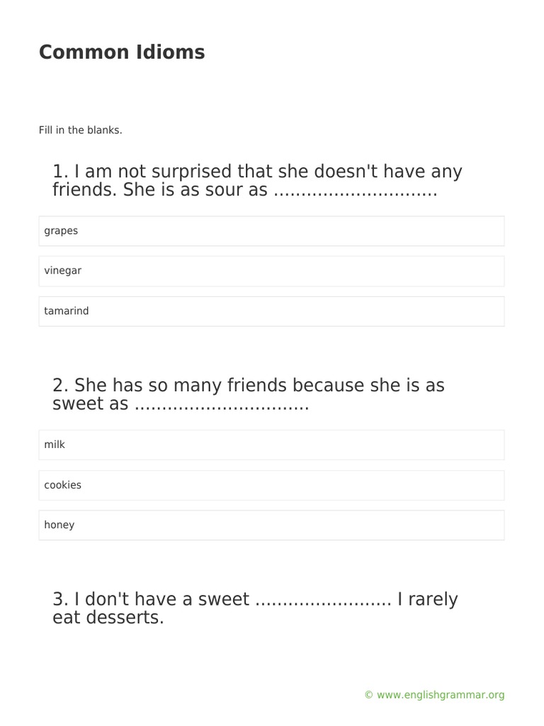 Common Idioms: Fill in The Blanks | PDF | Cuisine | Foods