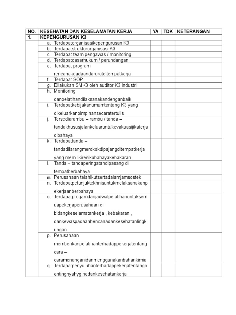 Checklist Kesehatan Dan Keselamatan Kerja | PDF