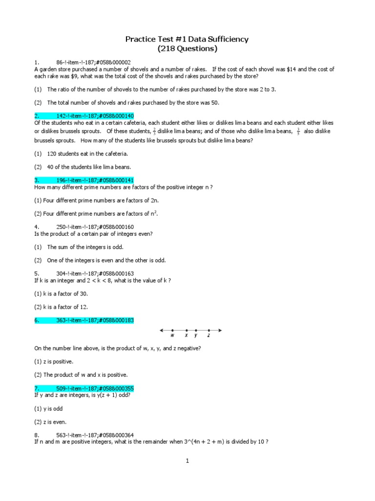 Practice Test #1 Data Sufficiency (218 Questions | PDF | Average | Interest