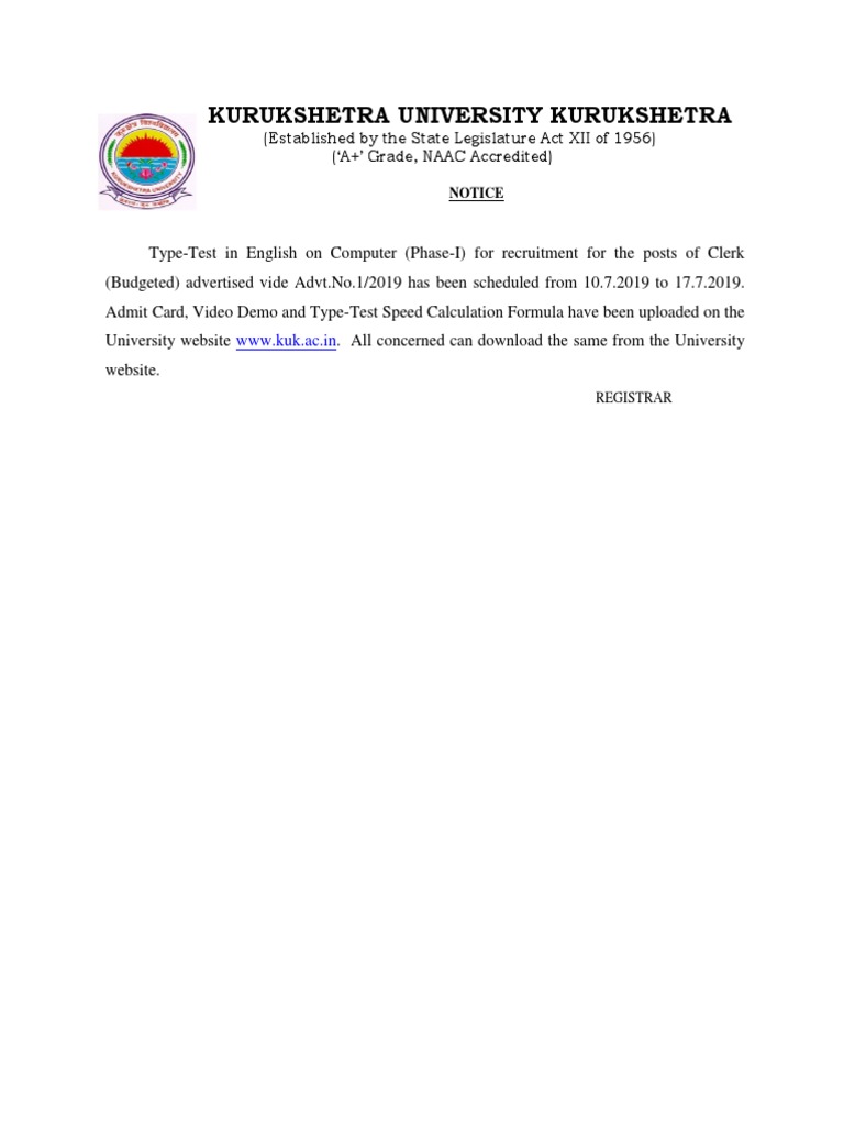 Kurukshetra University Clerk Type-Test Notice | PDF | Business