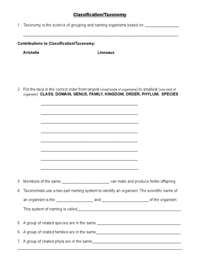 Classification Notes Worksheet | PDF | Taxonomy (Biology) | Taxa