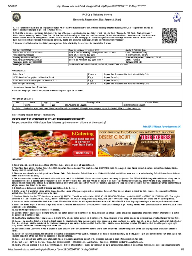 IRCTC E-ticket for Agra to Vijayawada | PDF | Identity Document | Ticket (Admission)