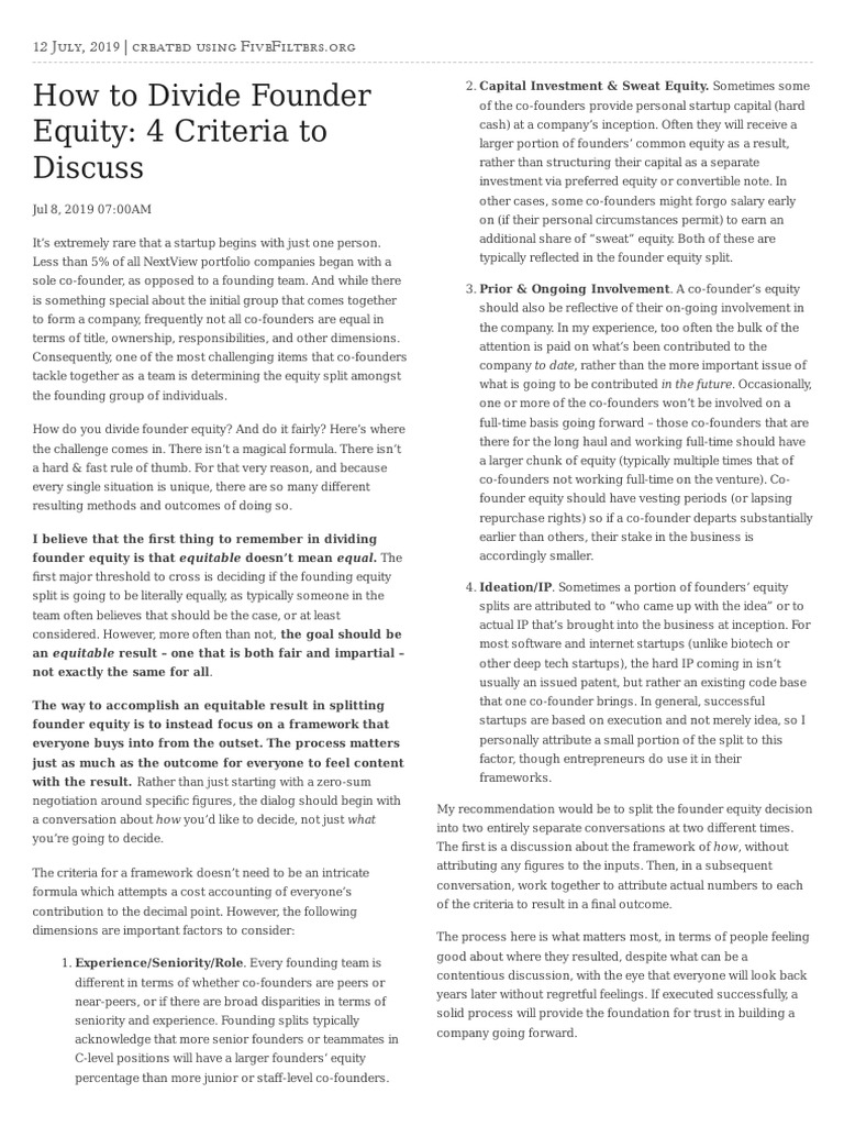 Founder Equity Division Guide | PDF | Startup Company | Small Business ...
