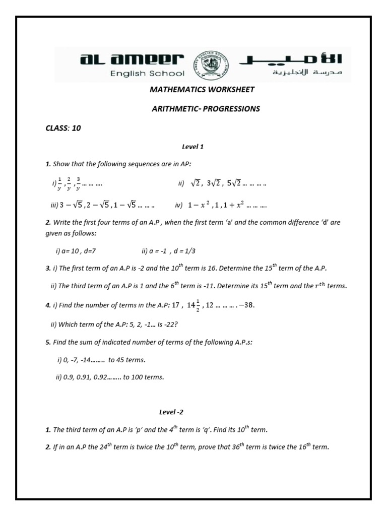 Mathematics Worksheet Arithmetic-Progressions CLASS: 10: Ii) Iv) | PDF | Numbers | Mathematical ...