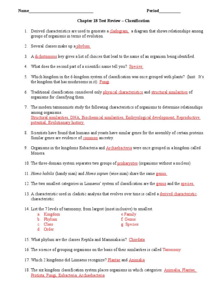 Name - Period - Chapter 18 Test Review - Classification | PDF ...