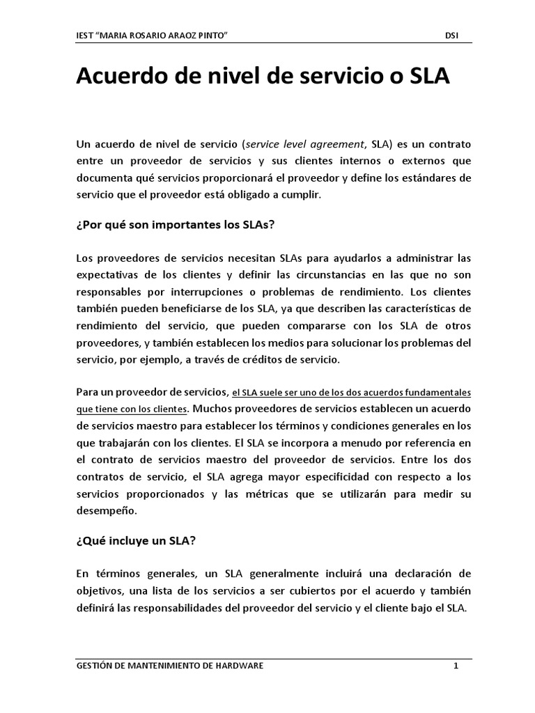 CLASE 11 Acuerdo de Nivel de Servicio o SLA | PDF | Acuerdo de nivel de servicio | Tecnologías ...