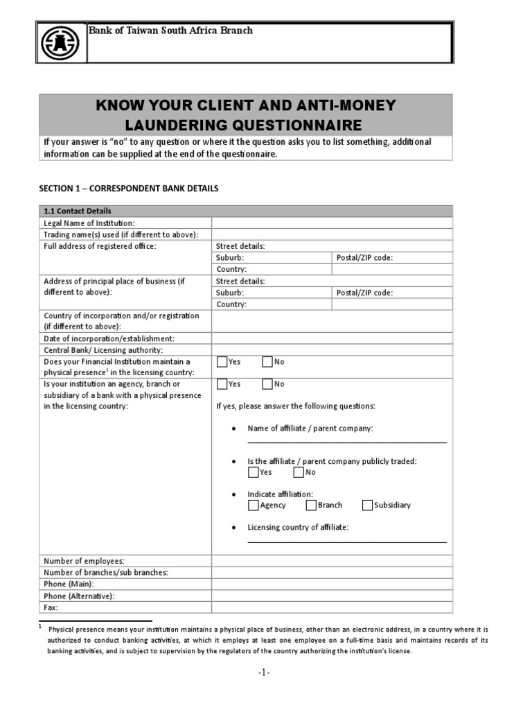Know Your Client and Anti-Money Laundering Questionnaire: Bank of Taiwan South Africa Branch ...