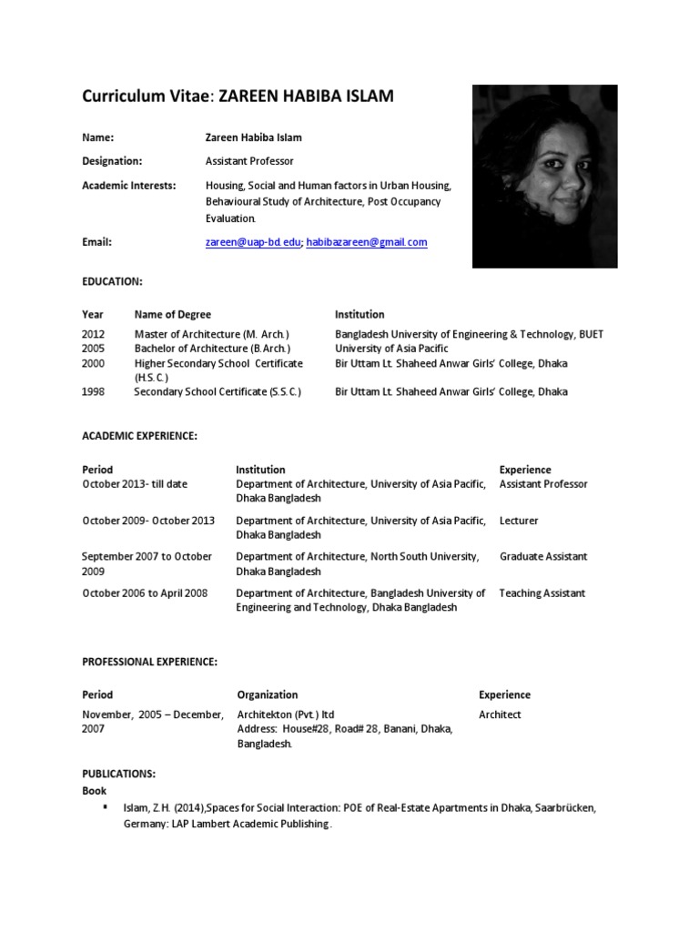 Curriculum Vitae: ZAREEN HABIBA ISLAM | PDF | Behavior Modification | Academia
