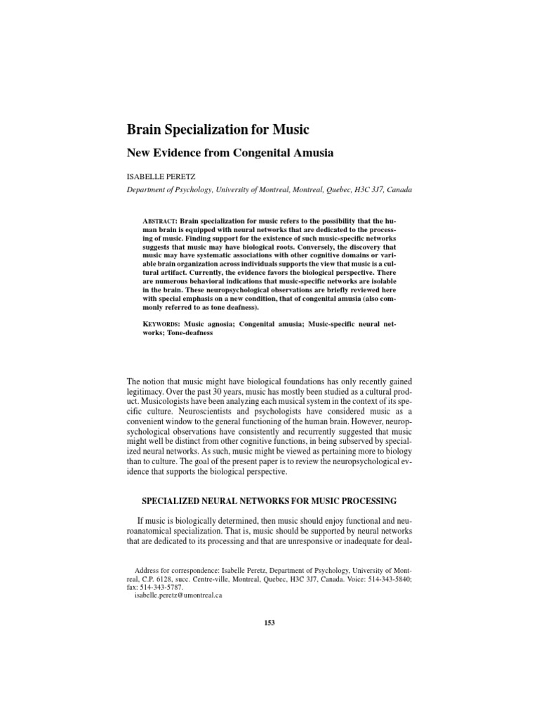 Brain Specialization For Music: New Evidence From Congenital Amusia ...