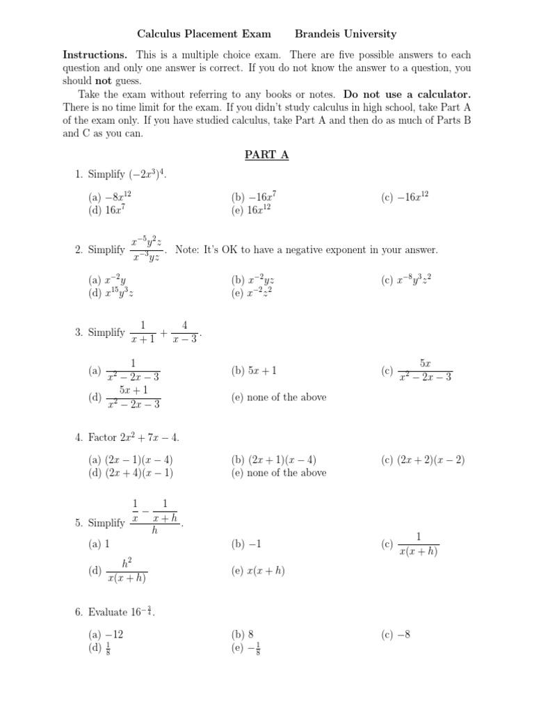 Calculus Placement Exam: An Analysis of a Multiple Choice Exam Testing ...