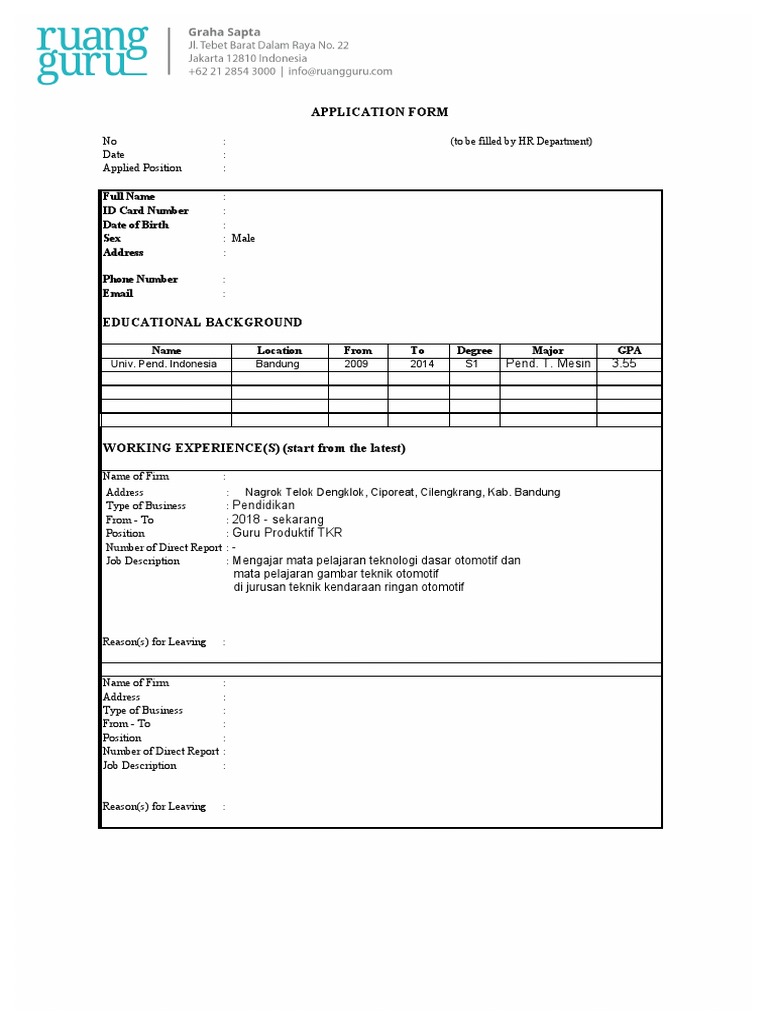 Application Form Full Name Id Card Number Date Of Birth Sex Address Phone Number Email Pdf