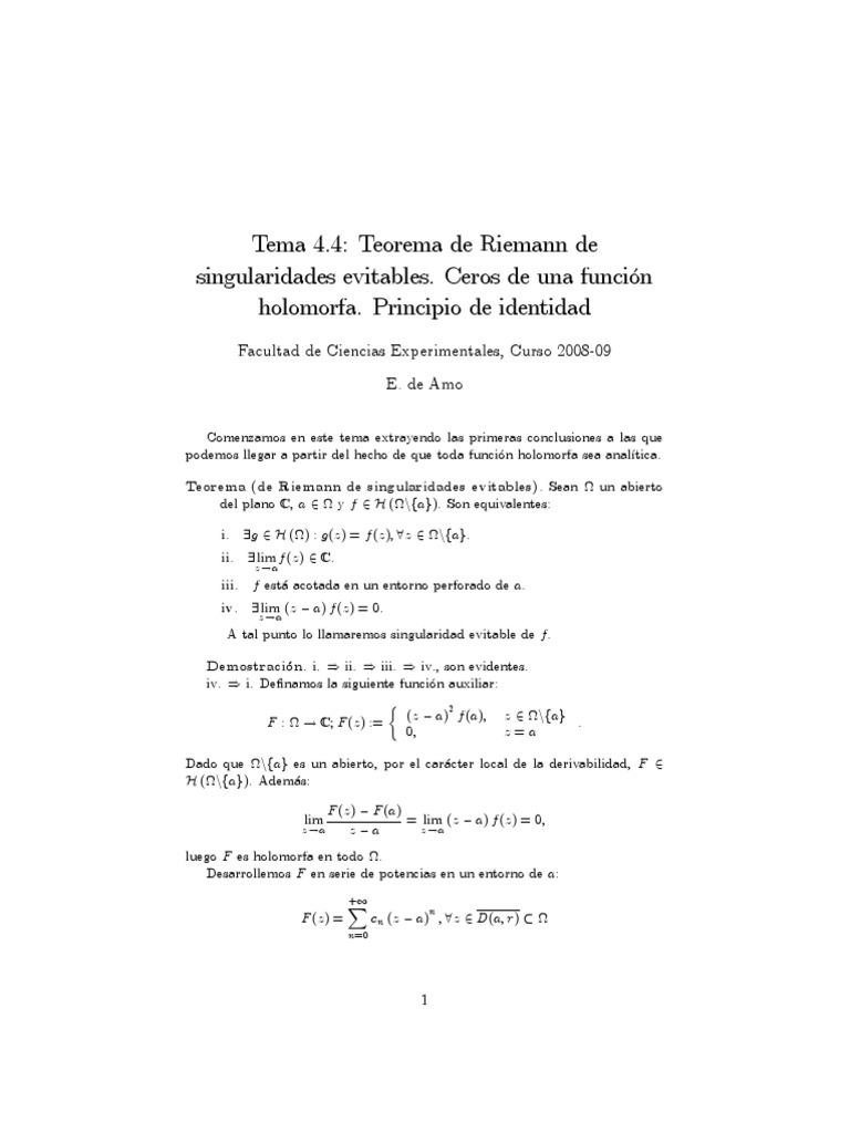 Teorema de Riemann de Singularidades Evitables . | PDF | Función ...