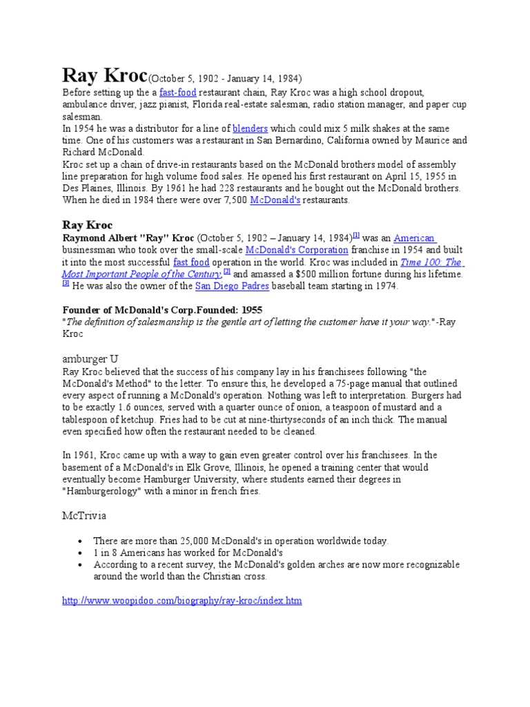 Ray Kroc Founder of Mcdonalds | PDF | Mc Donald's | Fast Food Restaurants