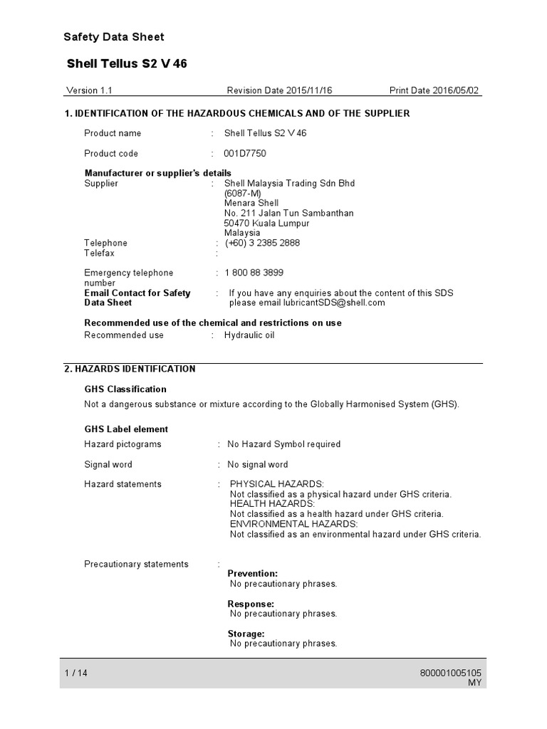 Shell Tellus S2 V 46: Safety Data Sheet | PDF | Personal Protective ...