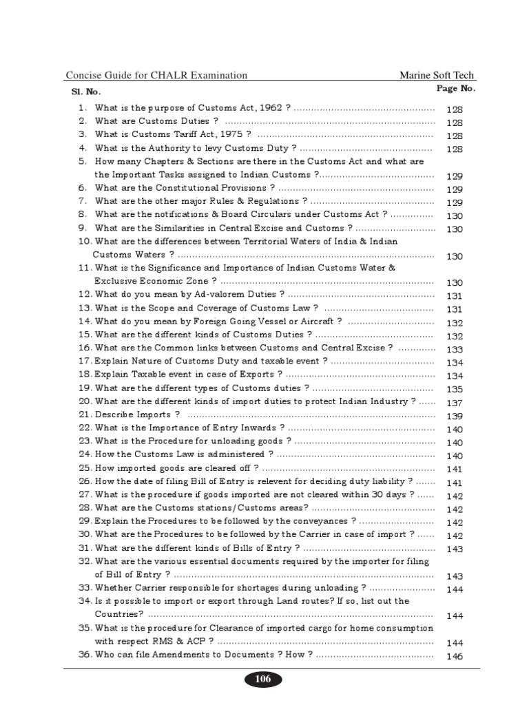 Concise Guide For CHALR Examination - List of Questions | PDF | Customs ...