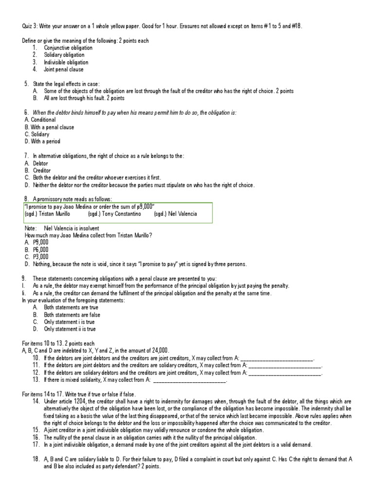 Quiz 4 - Alternative, Joint, Solidary, Divisible, Indivisible, With ...