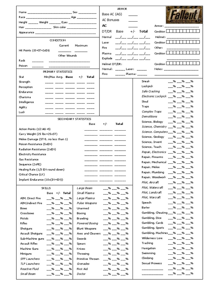 Fallout PNP 2.0 Character Sheet | PDF | Ammunition | Firearms