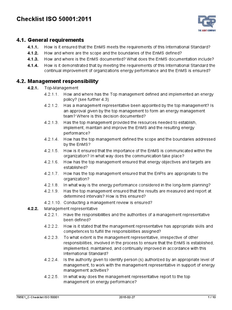 785E1 - C-Checklist ISO 50001 - 2011 | PDF | Audit | Regulatory Compliance