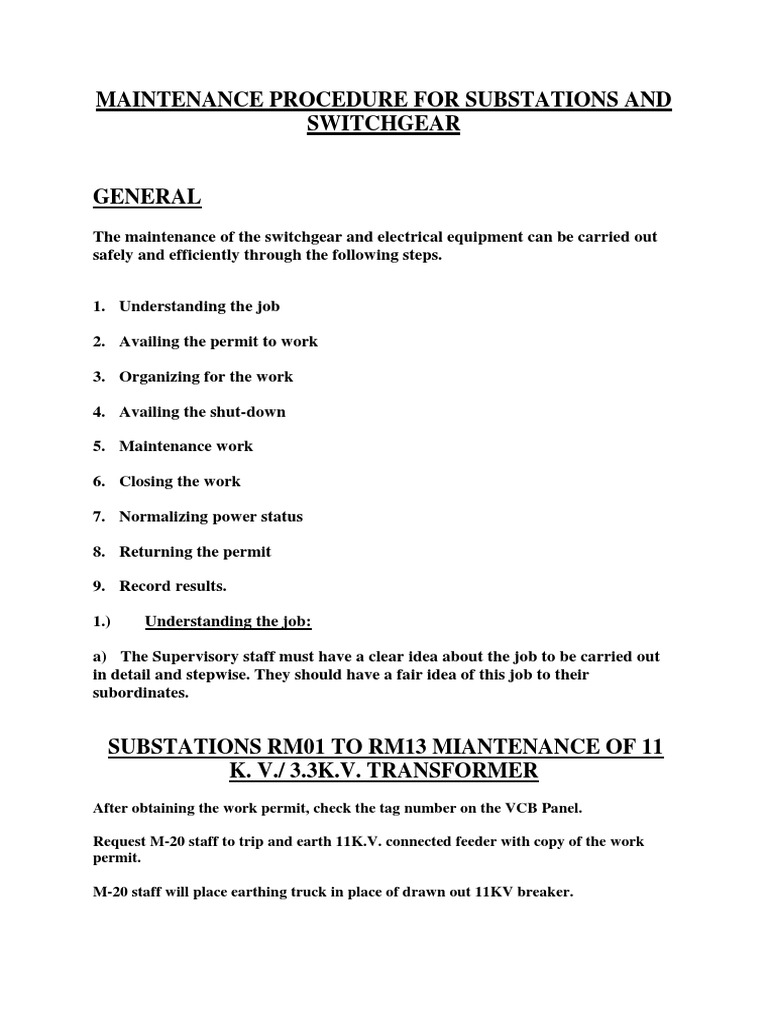 Maintenance Procedure For Substations and Switchgear | PDF | Electrical ...