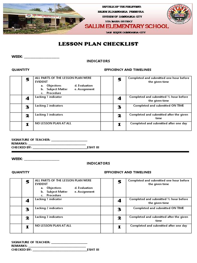 Lesson Plan Checklist: WEEK: - Indicators | PDF | Lesson Plan | Pedagogy