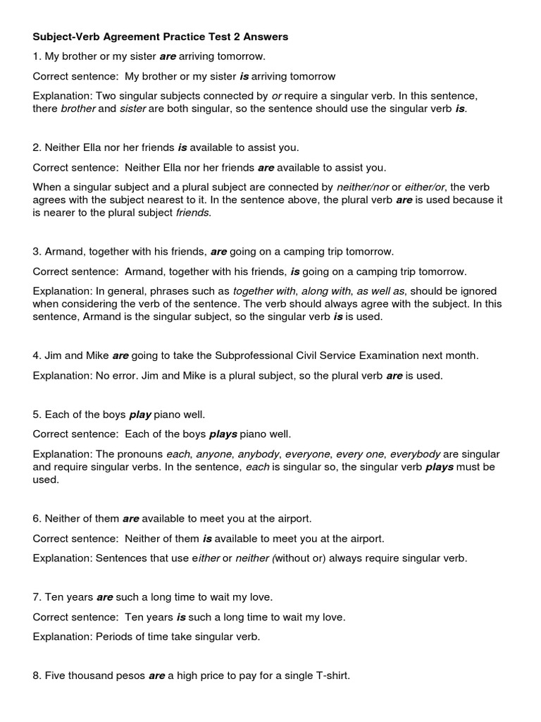 SVA Practice Test 2 Answer & Explanation | PDF | Grammatical Number ...