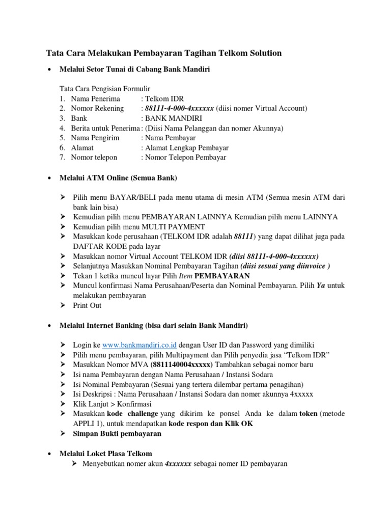 Panduan Pembayaran Tagihan Telkom Solution | PDF