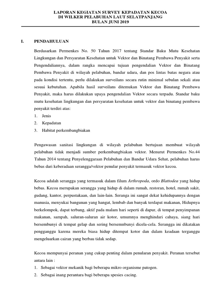 Jun Ento Laporan Kegiatan Survey Vektor Kecoa | PDF