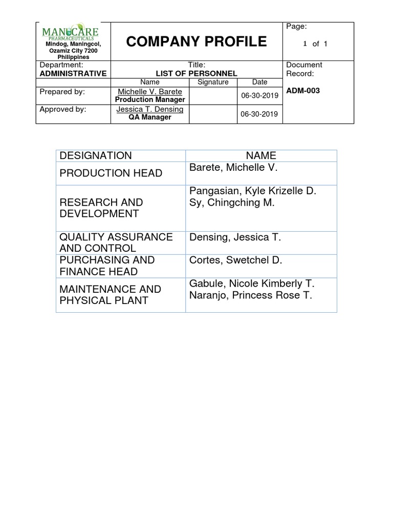 Company Profile: Administrative List of Personnel ADM-003 | PDF