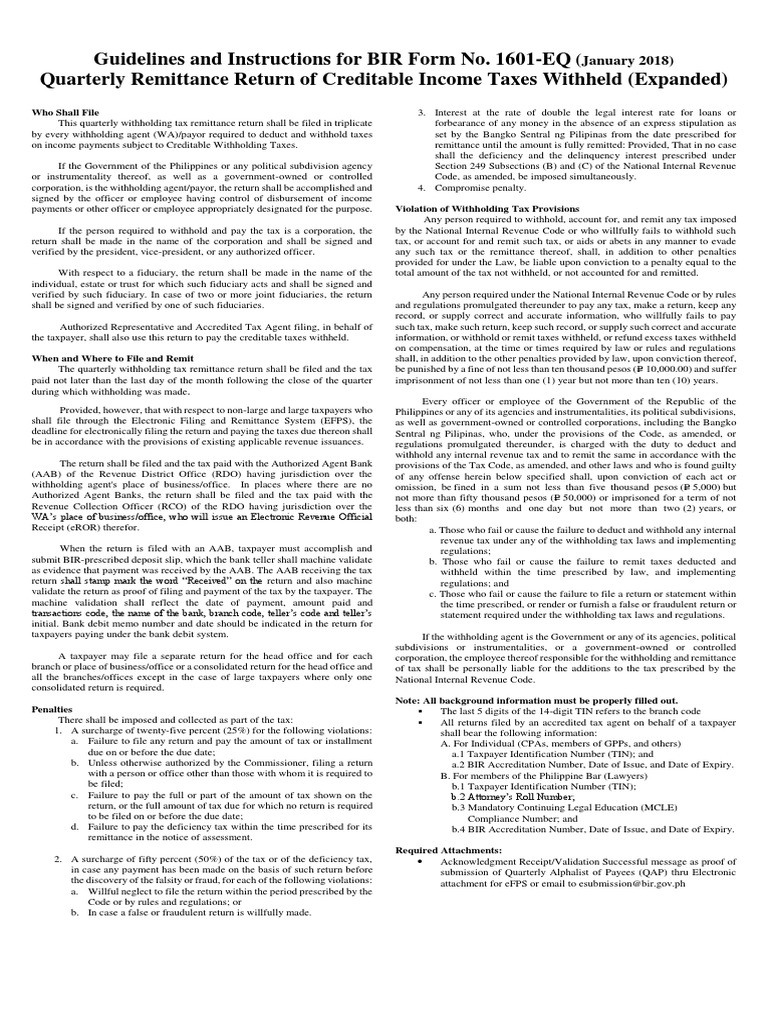 Guidelines and Instructions For BIR Form No. 1601-EQ Quarterly ...