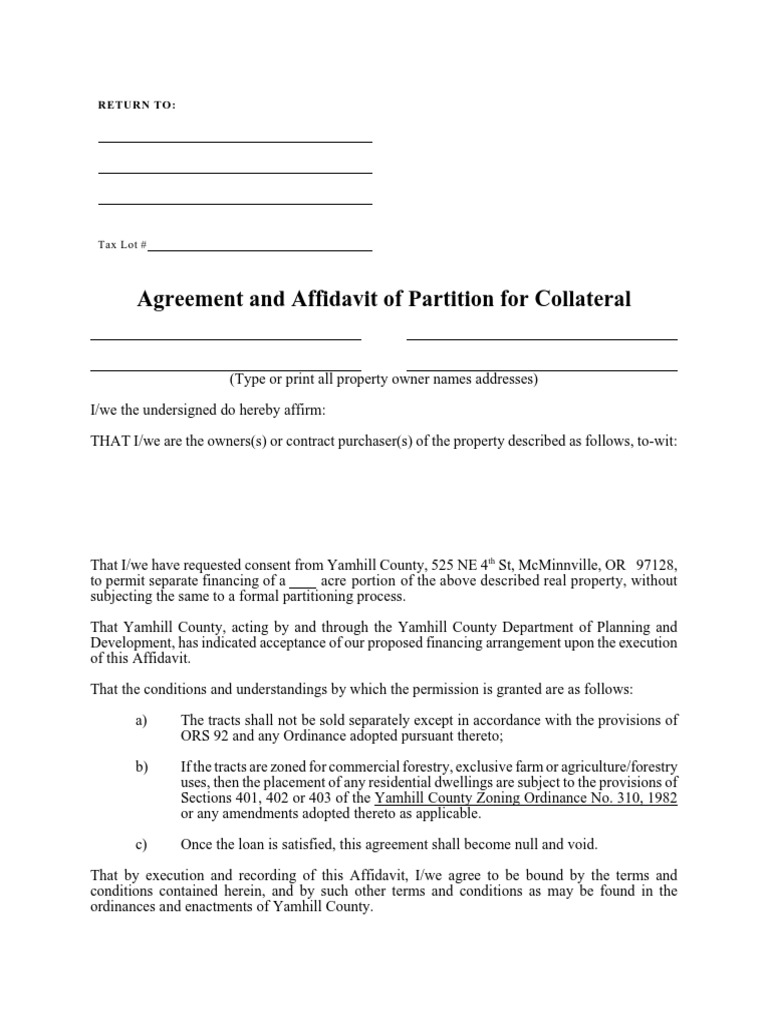 Agreement and Affidavit of Partition For Collateral: Return To | PDF ...