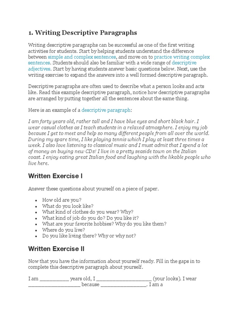 Writing Descriptive Paragraphs: Simple and Complex Sentences Practice ...